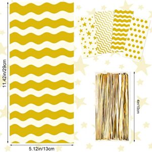 GITMIWS 120pcs Cellophane Bags, Gold Candy Cookie Favor Bags, Plastic Gift Bags with Twist Ties for Birthday Wedding Favors Party Supply Bags (4 Pattern)