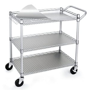 wdt commercial grade heavy duty utility cart 990lbs capacity, 3 tier wire rolling cart with wheels, metal service carts with handle bar,shelving liners,hooks for kitchen, restaurant