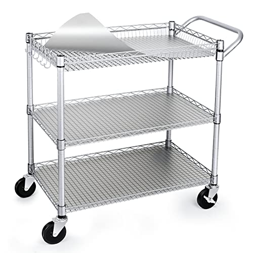 WDT Commercial Grade Heavy Duty Utility Cart 990Lbs Capacity, 3 Tier Wire Rolling Cart with Wheels, Metal Service Carts with Handle Bar,Shelving Liners,Hooks for Kitchen, Restaurant