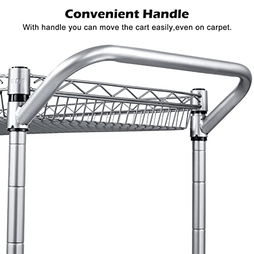 WDT Commercial Grade Heavy Duty Utility Cart 990Lbs Capacity, 3 Tier Wire Rolling Cart with Wheels, Metal Service Carts with Handle Bar,Shelving Liners,Hooks for Kitchen, Restaurant