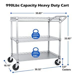 WDT Commercial Grade Heavy Duty Utility Cart 990Lbs Capacity, 3 Tier Wire Rolling Cart with Wheels, Metal Service Carts with Handle Bar,Shelving Liners,Hooks for Kitchen, Restaurant