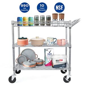 WDT Commercial Grade Heavy Duty Utility Cart 990Lbs Capacity, 3 Tier Wire Rolling Cart with Wheels, Metal Service Carts with Handle Bar,Shelving Liners,Hooks for Kitchen, Restaurant