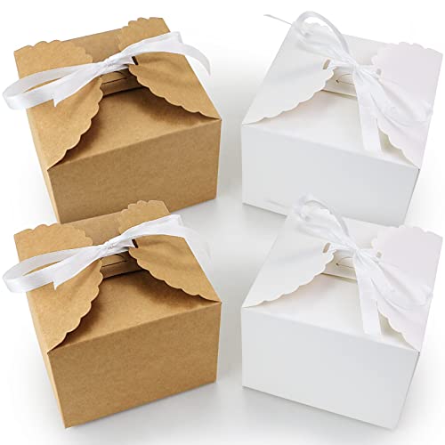 Tecmisse 20 PCS Small Gift Boxes, 4.7 x 4.7 x 3.5 Inch Paper Gift Box with Ribbons, White and Brown Small Boxes, Decorative Gift Boxes for Birthday, Wedding, Party, Candy, Chocolate