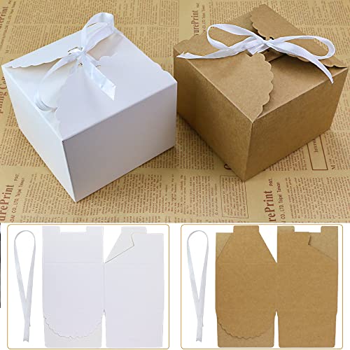 Tecmisse 20 PCS Small Gift Boxes, 4.7 x 4.7 x 3.5 Inch Paper Gift Box with Ribbons, White and Brown Small Boxes, Decorative Gift Boxes for Birthday, Wedding, Party, Candy, Chocolate