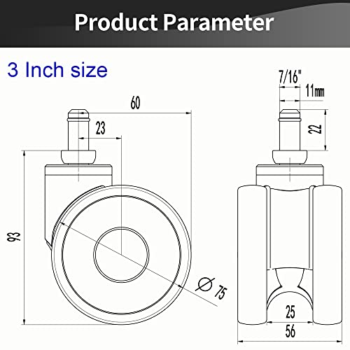 Office Chair Wheels casters 3 inch Silent Chair Wheels for Hardwood Floors and Carpet, Heavy Duty Chair Wheels with Standard stem 7/16″* 7/8″(11mm*22mm), Set of 5-3 Inch