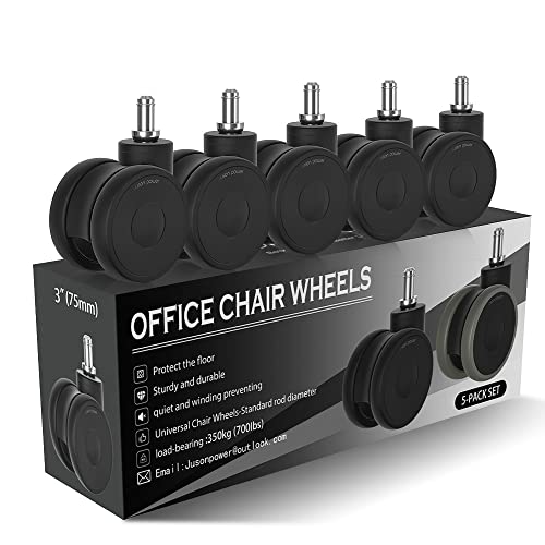 Office Chair Wheels casters 3 inch Silent Chair Wheels for Hardwood Floors and Carpet, Heavy Duty Chair Wheels with Standard stem 7/16″* 7/8″(11mm*22mm), Set of 5-3 Inch