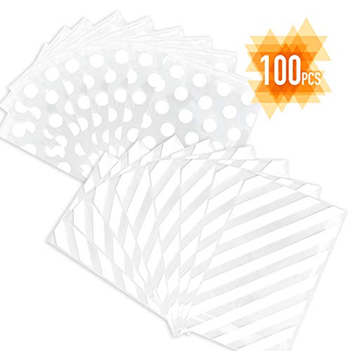 SQian 100pcs Gusseted cellophane Bags White Polka Dot Cookie Bags and Striped Plastic Candy Bags (Size 5"x8"x1.8"）with gold Twist Ties , Best Gusset Bag for Presenting Packaged Treats, Candy, Popcorn etc.