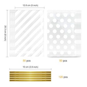 SQian 100pcs Gusseted cellophane Bags White Polka Dot Cookie Bags and Striped Plastic Candy Bags (Size 5"x8"x1.8"）with gold Twist Ties , Best Gusset Bag for Presenting Packaged Treats, Candy, Popcorn etc.