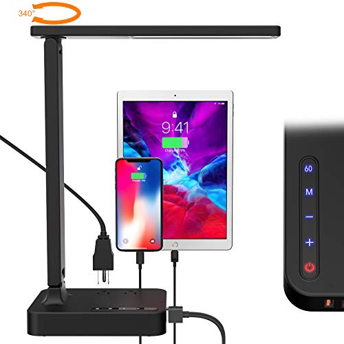 cozoo LED Desk Lamp with 3 USB Charging Ports and 2 AC Outlets,3 Color Temperatures & 3 Brightness Levels, Touch/Memory/Timer Function,10W Eye Protection Foldable Reading Light,Study Lamp for College