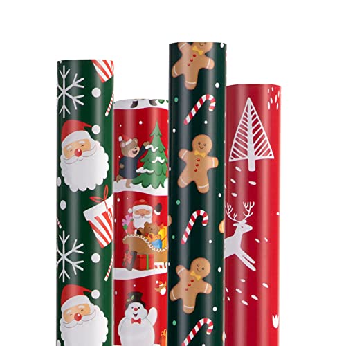 Christmas Wrapping Paper (4 Rolls: 93 sq. ft. ttl) Funny Candy Cane Santas, Reindeer, Christmas Tree, Snowflakes - Christmas Elements Collection - 17 inches x 16.5 feet Per Roll