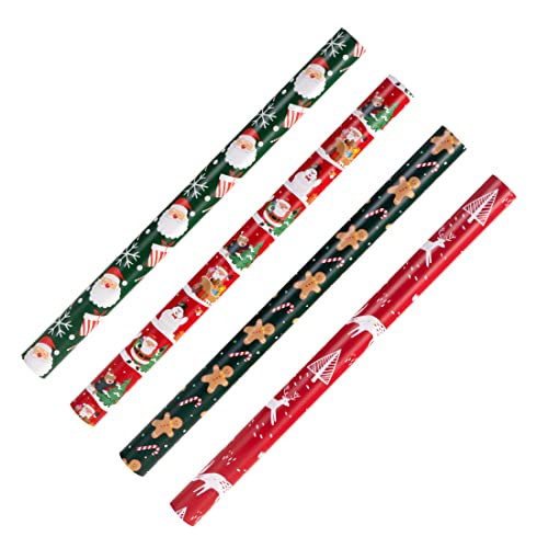 Christmas Wrapping Paper (4 Rolls: 93 sq. ft. ttl) Funny Candy Cane Santas, Reindeer, Christmas Tree, Snowflakes - Christmas Elements Collection - 17 inches x 16.5 feet Per Roll