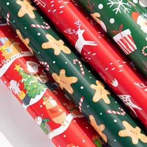 Christmas Wrapping Paper (4 Rolls: 93 sq. ft. ttl) Funny Candy Cane Santas, Reindeer, Christmas Tree, Snowflakes - Christmas Elements Collection - 17 inches x 16.5 feet Per Roll