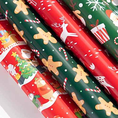 Christmas Wrapping Paper (4 Rolls: 93 sq. ft. ttl) Funny Candy Cane Santas, Reindeer, Christmas Tree, Snowflakes - Christmas Elements Collection - 17 inches x 16.5 feet Per Roll