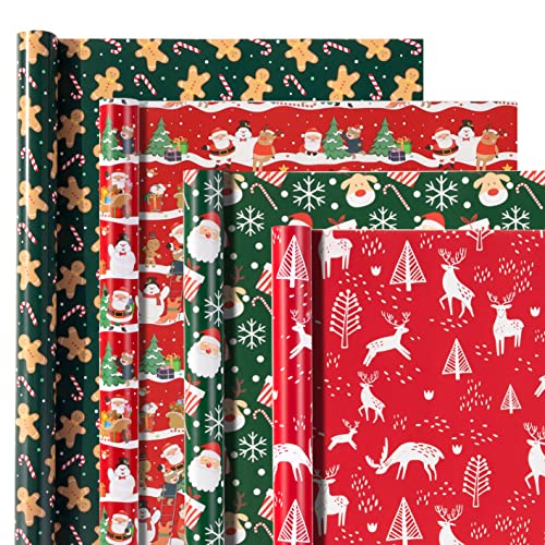 Christmas Wrapping Paper (4 Rolls: 93 sq. ft. ttl) Funny Candy Cane Santas, Reindeer, Christmas Tree, Snowflakes - Christmas Elements Collection - 17 inches x 16.5 feet Per Roll