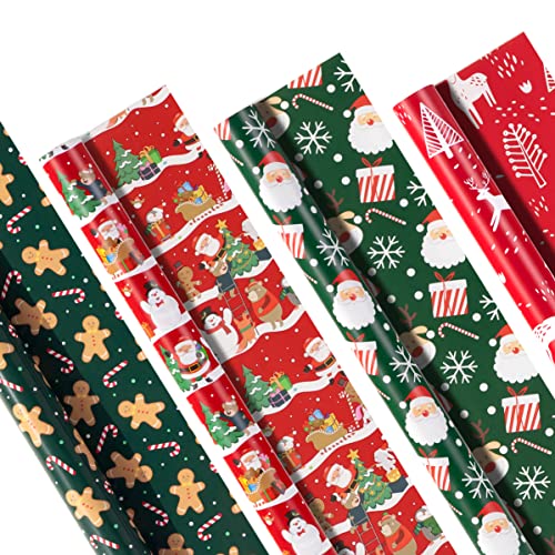 Christmas Wrapping Paper (4 Rolls: 93 sq. ft. ttl) Funny Candy Cane Santas, Reindeer, Christmas Tree, Snowflakes - Christmas Elements Collection - 17 inches x 16.5 feet Per Roll