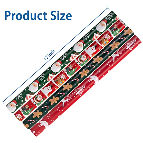 Christmas Wrapping Paper (4 Rolls: 93 sq. ft. ttl) Funny Candy Cane Santas, Reindeer, Christmas Tree, Snowflakes - Christmas Elements Collection - 17 inches x 16.5 feet Per Roll