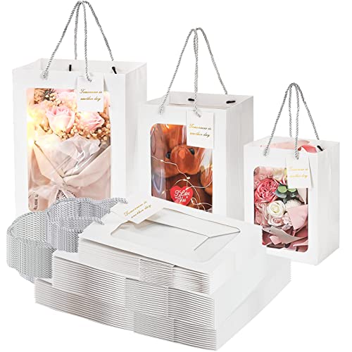 ZENFUN 24 Pack White Gift Bags with Clear Window and Handles, Transparent Bouquet Gift Bags Tote Paper Bags for Gift Packing, Shopping, 9.8'' L x 5.9'' W x 13.8'' H/ 7.9'' L x 6.3'' W x 11.8'' H/ 7'' L x 5.1'' W x 9.8'' H