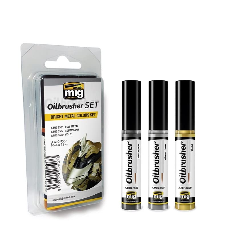 Ammo Mig Oilbrusher Bright Metal Color Set - Model Building Paints and Tools # AMIG7507