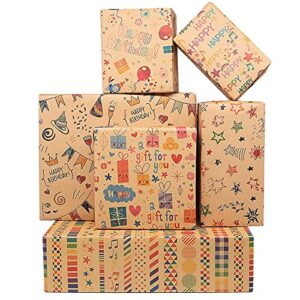 happy birthday wrapping paper for kids girls women adults boys men, kraft brown recycled gift wrapping paper 20×28″ per sheet(12 sheets:45 sq.ft.ttl.) w/ jute strings, stickers and tags for all celebrate occasion