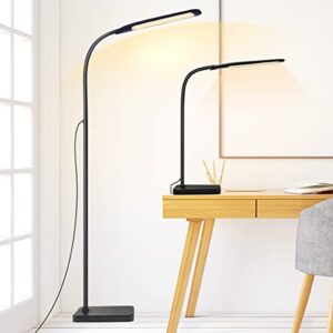 joymon led floor lamp, adjustable gooseneck standing lamp with 3 color temperature 3000k-6000k and 10-100% stepless dimmer, 2 in 1 modern desk reading lamp for living room, bedroom and office, black