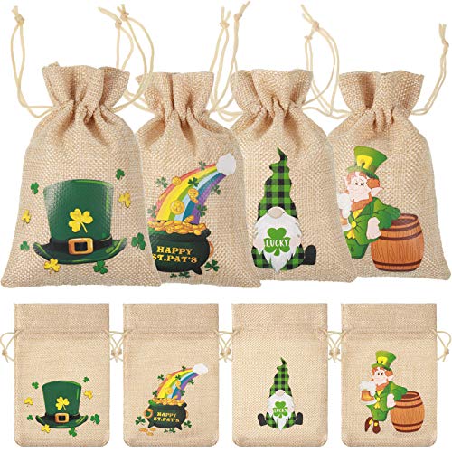 24 Pieces St. Patricks Linen Burlap Bag, St. Patricks Gnomes Burlap Gift Bags for Kids Party Supply, Irish Green Jute Drawstrings Candy Pouch, Lucky Shamrock Clovers Treat Bags with Different Designs