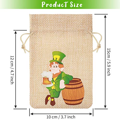 24 Pieces St. Patricks Linen Burlap Bag, St. Patricks Gnomes Burlap Gift Bags for Kids Party Supply, Irish Green Jute Drawstrings Candy Pouch, Lucky Shamrock Clovers Treat Bags with Different Designs