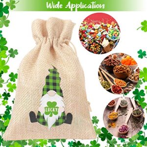 24 Pieces St. Patricks Linen Burlap Bag, St. Patricks Gnomes Burlap Gift Bags for Kids Party Supply, Irish Green Jute Drawstrings Candy Pouch, Lucky Shamrock Clovers Treat Bags with Different Designs