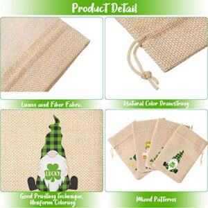 24 Pieces St. Patricks Linen Burlap Bag, St. Patricks Gnomes Burlap Gift Bags for Kids Party Supply, Irish Green Jute Drawstrings Candy Pouch, Lucky Shamrock Clovers Treat Bags with Different Designs