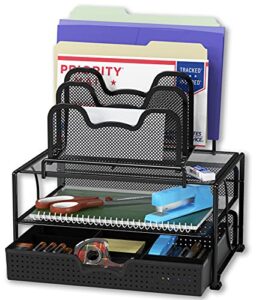 simplehouseware mesh desk organizer with sliding drawer, double tray and 5 stacking sorter sections, black