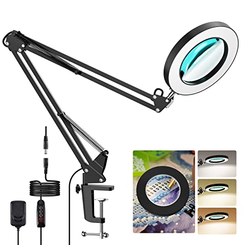 Magnifying Glass with Light, 5X Magnifying Lamp with Clamp,Lighted Magnifier Hands Free, Dimmable Magnifying Work Light for Hobby Crafts (Black)