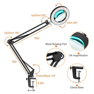 Magnifying Glass with Light, 5X Magnifying Lamp with Clamp,Lighted Magnifier Hands Free, Dimmable Magnifying Work Light for Hobby Crafts (Black)