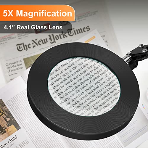 Magnifying Glass with Light, 5X Magnifying Lamp with Clamp,Lighted Magnifier Hands Free, Dimmable Magnifying Work Light for Hobby Crafts (Black)