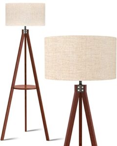 lepower tripod floor lamp, mid century wood standing lamp, modern design shelf floor lamp for living room, bedroom, office, flaxen lamp shade with e26 lamp base