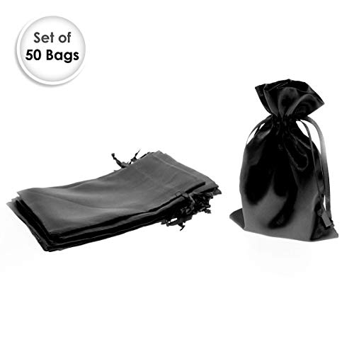 Knitial 50 Pack 6" x 9" Inch Satin Black Gift Bags, Jewelry Bags, Wedding Favor Drawstring Bags Baby Shower Christmas Gift Bags