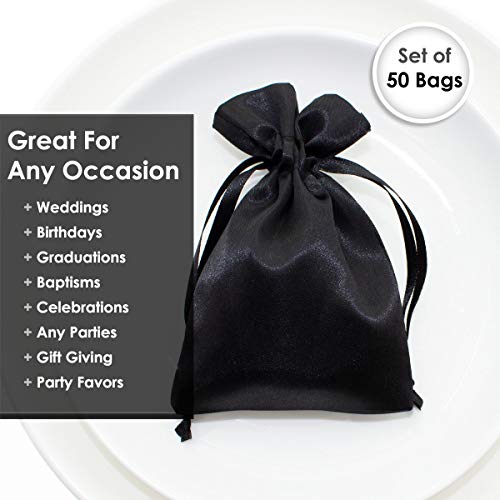 Knitial 50 Pack 6" x 9" Inch Satin Black Gift Bags, Jewelry Bags, Wedding Favor Drawstring Bags Baby Shower Christmas Gift Bags