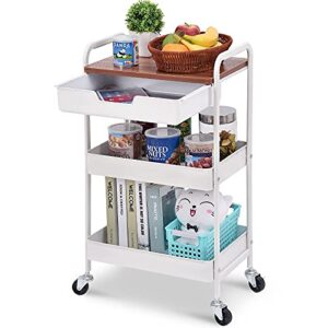 toolf 3-tier utility rolling cart with wooden board and drawer, metal storage cart with handle, white trolley kitchen organizer rolling desk with locking wheels for office, classroom, home, bedroom