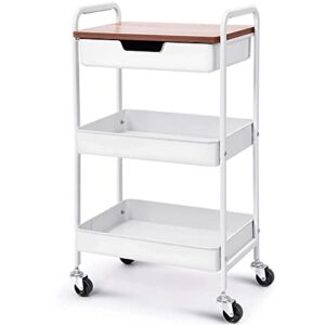 TOOLF 3-Tier Utility Rolling Cart with Wooden Board and Drawer, Metal Storage Cart with Handle, White Trolley Kitchen Organizer Rolling Desk with Locking Wheels for Office, Classroom, Home, Bedroom