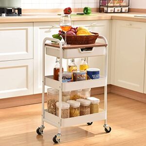 TOOLF 3-Tier Utility Rolling Cart with Wooden Board and Drawer, Metal Storage Cart with Handle, White Trolley Kitchen Organizer Rolling Desk with Locking Wheels for Office, Classroom, Home, Bedroom