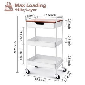 TOOLF 3-Tier Utility Rolling Cart with Wooden Board and Drawer, Metal Storage Cart with Handle, White Trolley Kitchen Organizer Rolling Desk with Locking Wheels for Office, Classroom, Home, Bedroom