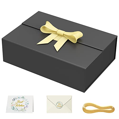 RYDDOY Black Gift Box with Ribbon,13x9x4'' Large Gift Boxes for Presents with Lids and Bow Magnetic Closure Collapsible for Groomsman Proposal Box, Wedding, Christmas, Anniversary, Birthday Gift Packging