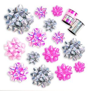 wrapaholic 16 pcs gift bows assortment – 14 multi colored assorted size gift bows (pink, fushcia, silver) and 2 crimped curling ribbons, perfect for christmas, holiday, party