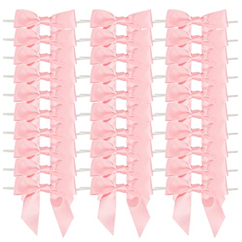 AIMUDI Baby Pink Satin Ribbon Twist Tie Bows 3.5" Light Pink Pretied Bows Premade Craft Bows for Treat Bags Cake Pop Gift Wrapping Basket Wedding Favors Cookie Candy Bagging Baby Shower - 50 Counts