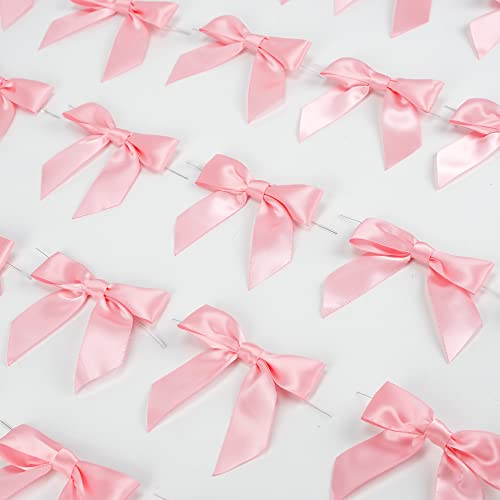 AIMUDI Baby Pink Satin Ribbon Twist Tie Bows 3.5" Light Pink Pretied Bows Premade Craft Bows for Treat Bags Cake Pop Gift Wrapping Basket Wedding Favors Cookie Candy Bagging Baby Shower - 50 Counts