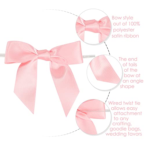 AIMUDI Baby Pink Satin Ribbon Twist Tie Bows 3.5" Light Pink Pretied Bows Premade Craft Bows for Treat Bags Cake Pop Gift Wrapping Basket Wedding Favors Cookie Candy Bagging Baby Shower - 50 Counts