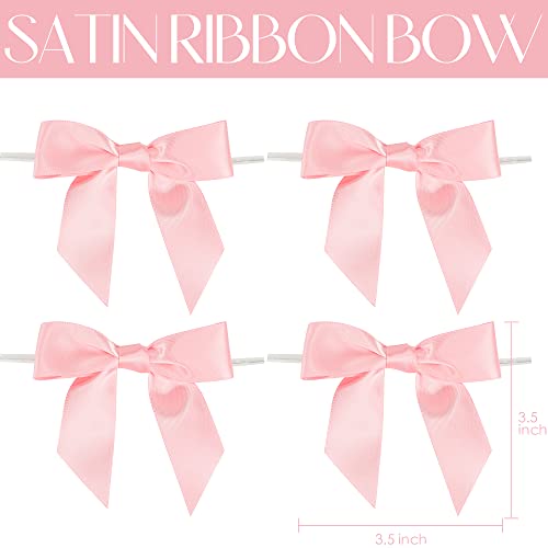 AIMUDI Baby Pink Satin Ribbon Twist Tie Bows 3.5" Light Pink Pretied Bows Premade Craft Bows for Treat Bags Cake Pop Gift Wrapping Basket Wedding Favors Cookie Candy Bagging Baby Shower - 50 Counts