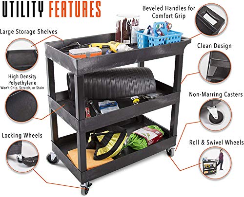 Stand Steady Tubstr 3 Shelf Utility Cart | Heavy Duty Service Cart Supports Up to 400 lbs | Tub Cart with Deep Shelves | Great for Warehouse, Garage, Cleaning, Office & More (32 x 18 / Black)