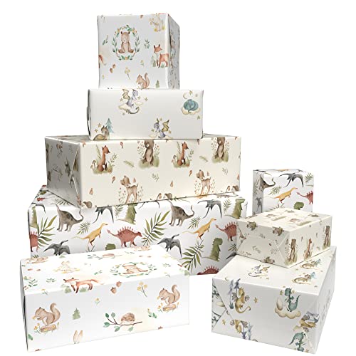 WAPLIGHAL Baby Shower Wrapping Paper Sheets for Boys Girls - Dragon Baby, Funny Dinosaur, Woodland Animals, Watercolor Design - Gift Wrapping Paper for Birthday, Easter, Holiday - 20 X 29 Inch Per Sheet (8 Precut Folded Sheets), Easy to Store