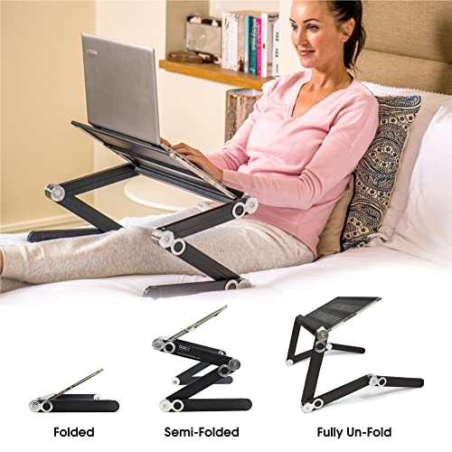 BackPainHelp Posture Laptop Stand Desk Table Tray for Bed, Aluminium, Adjustable Portable Folding Standing Desk Computer Riser (Black)