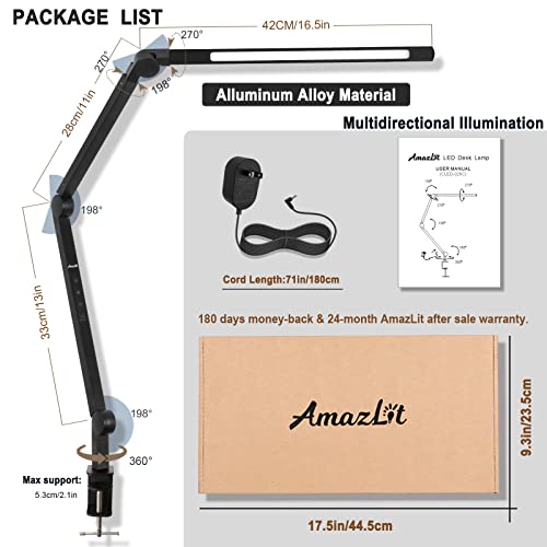 AmazLit Desk Lamp with Clamp, Eye-Care Swing Arm Desk Lamp, Stepless Dimming & Adjustable Color Temperature Modern Architect Lamp with Memory & Timing Function for Study, Work, Home, Office, 10W