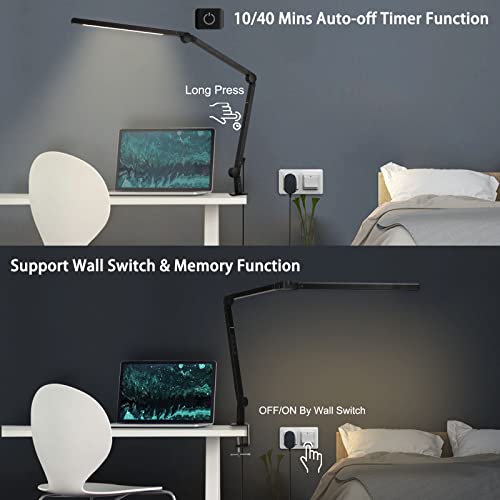 AmazLit Desk Lamp with Clamp, Eye-Care Swing Arm Desk Lamp, Stepless Dimming & Adjustable Color Temperature Modern Architect Lamp with Memory & Timing Function for Study, Work, Home, Office, 10W